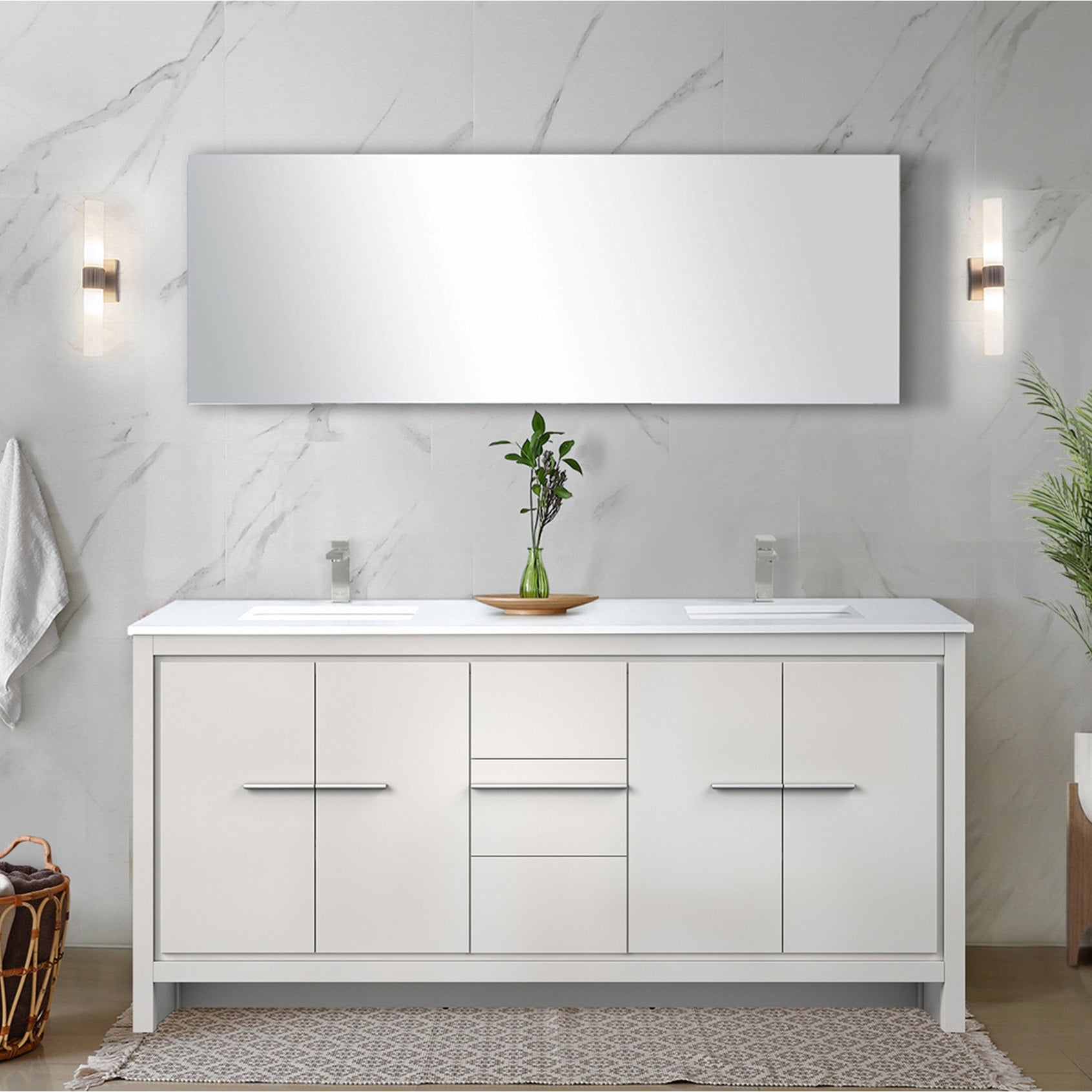 72 - inch White Double Vanity with Quartz Top / Multiple Storage ...