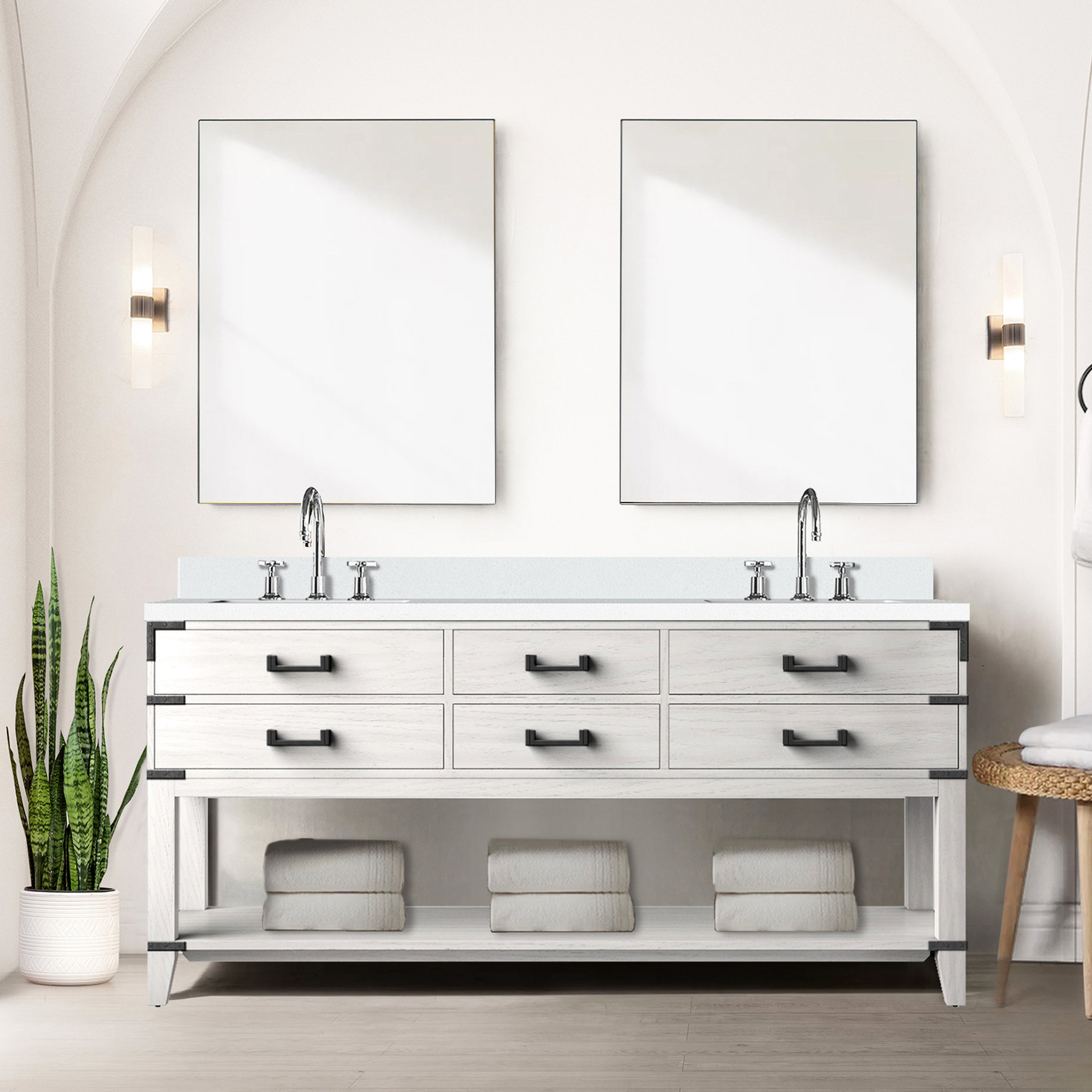 72 - inch wide white oak double bath vanity | Offers storage space and ...
