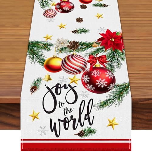 72 x 13 Inch Christmas Table Runner, Joy to The World Red Ornament ...