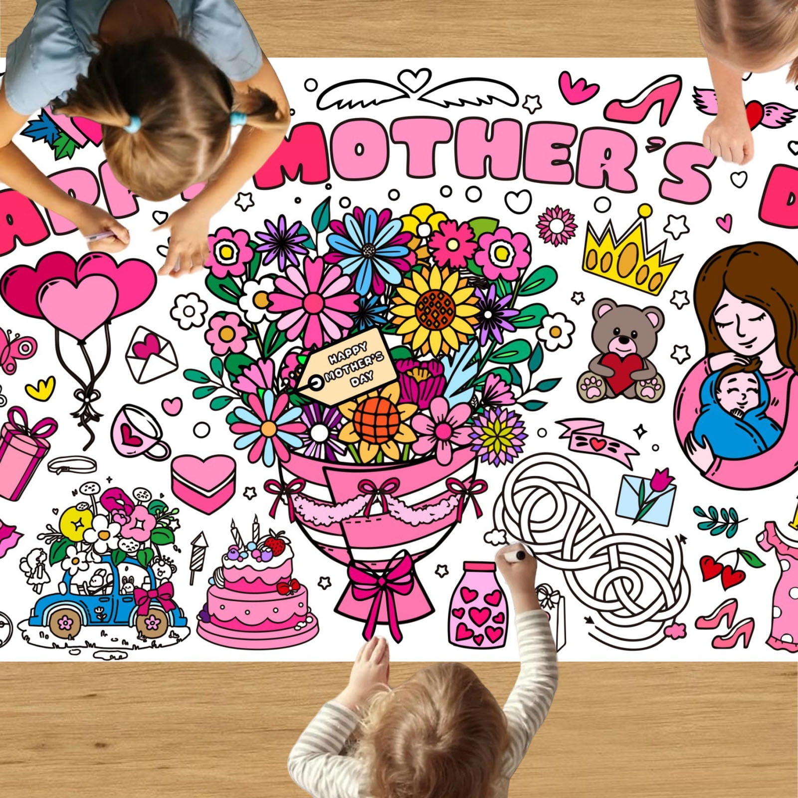 72 x 31 Inch Happy Mother's Day Coloring Paper Tablecloth Poster for ...