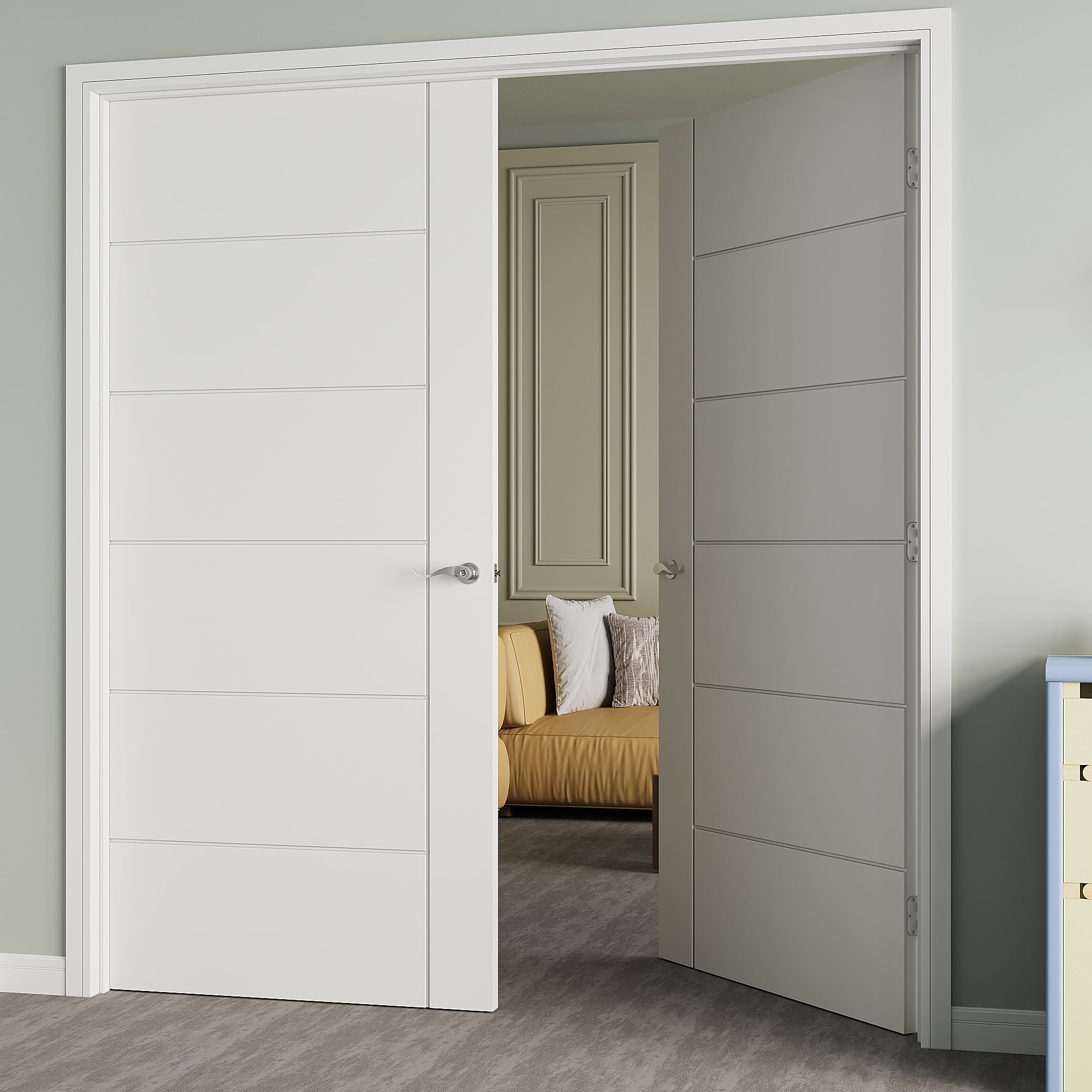 72" x 80" 6 Panel Modern Double Doors with French Door Ready-to ...