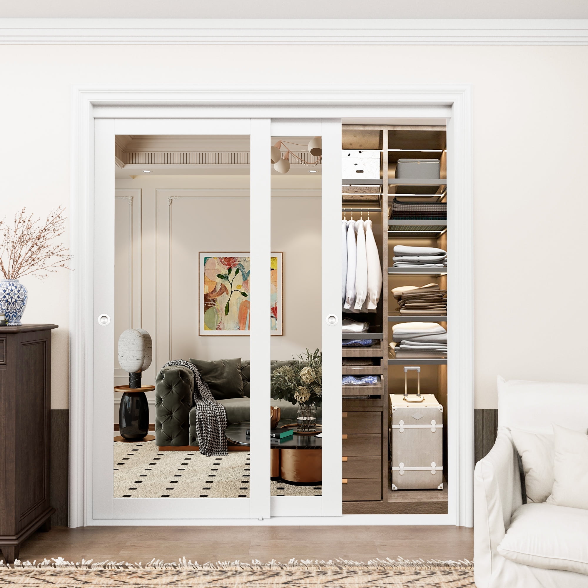 72'' x 80'' Bypass Sliding Closet Door, High Definition Mirror & White ...