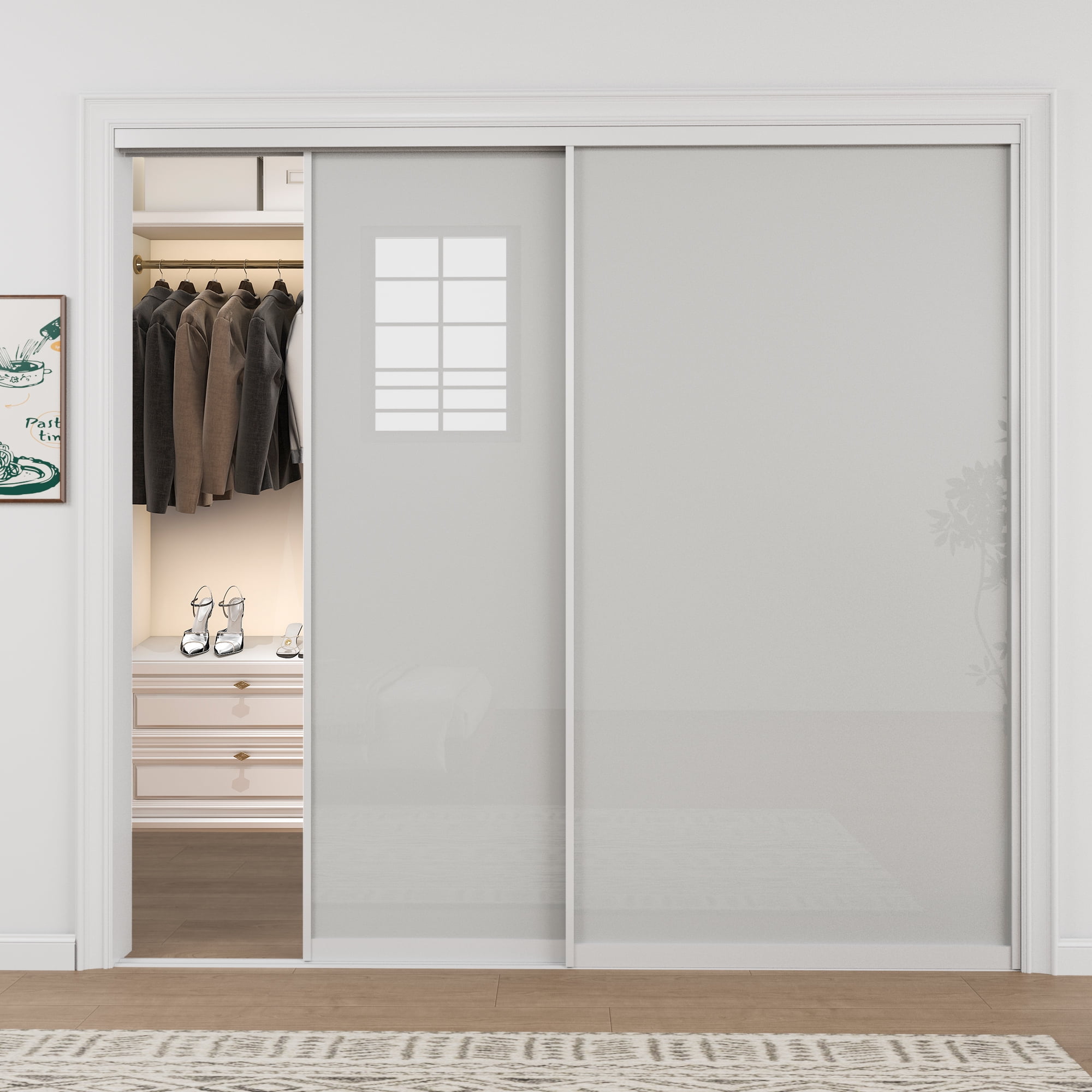 72'' x 80'' Bypass Sliding Closet Door,Tempered Frosted Glass & White ...