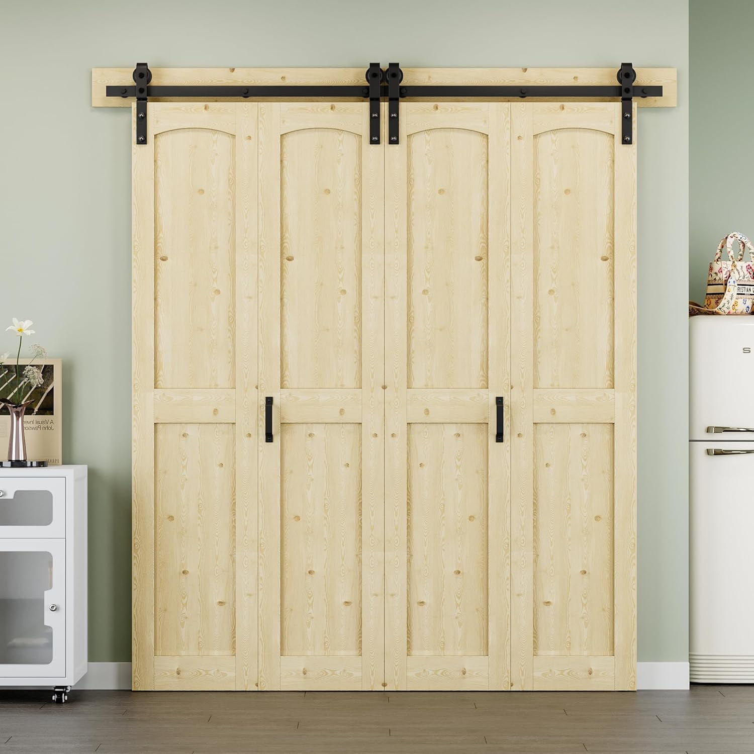 72" x 84" H Shape Spruce Wood Bifold Barn Door with Header Board and 80 ...
