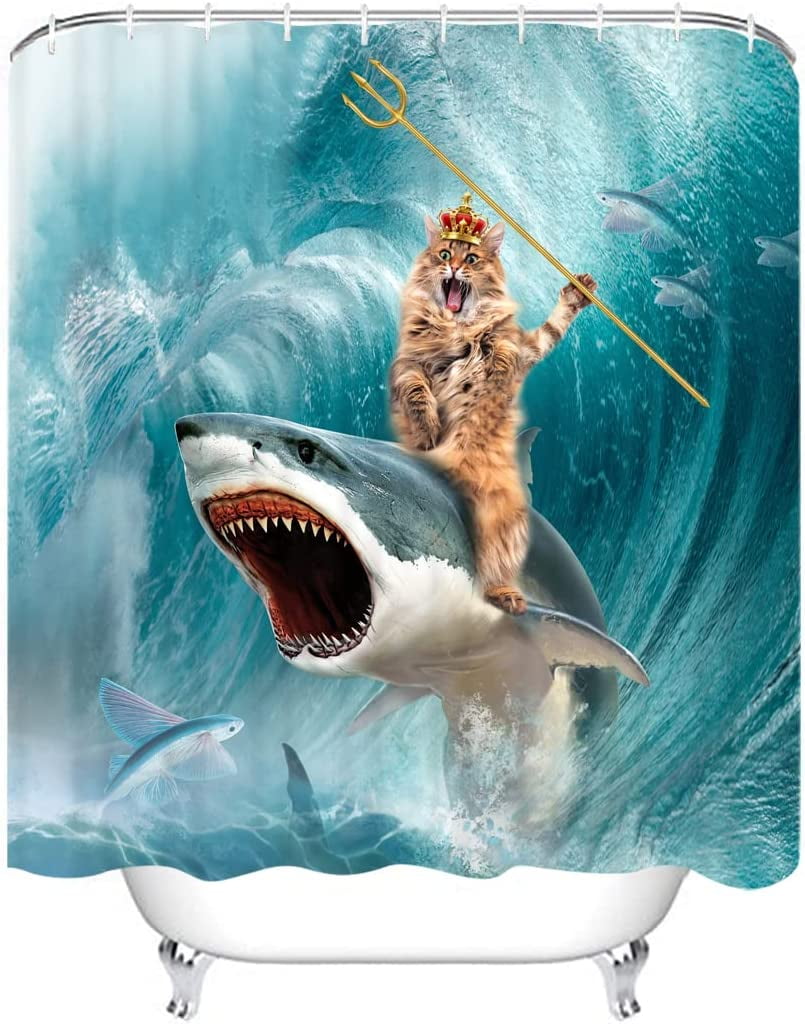 72" x 72" Funny Cat Shower Curtain Cat Riding Shark Ocean Wave Bathroom ...