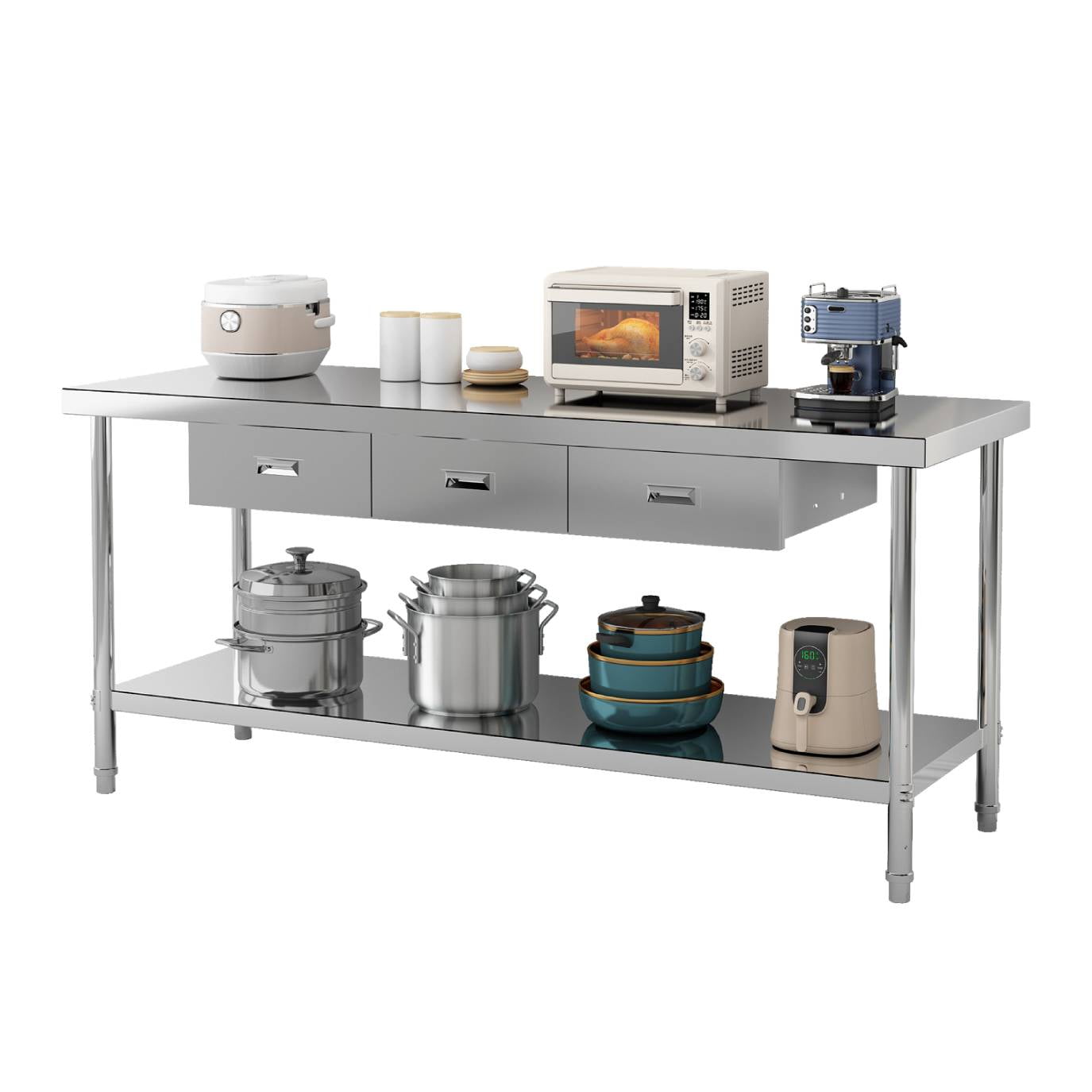 72"x24" Stainless Steel Table with 3 Drawers, 2-Tier Work Table, Metal ...
