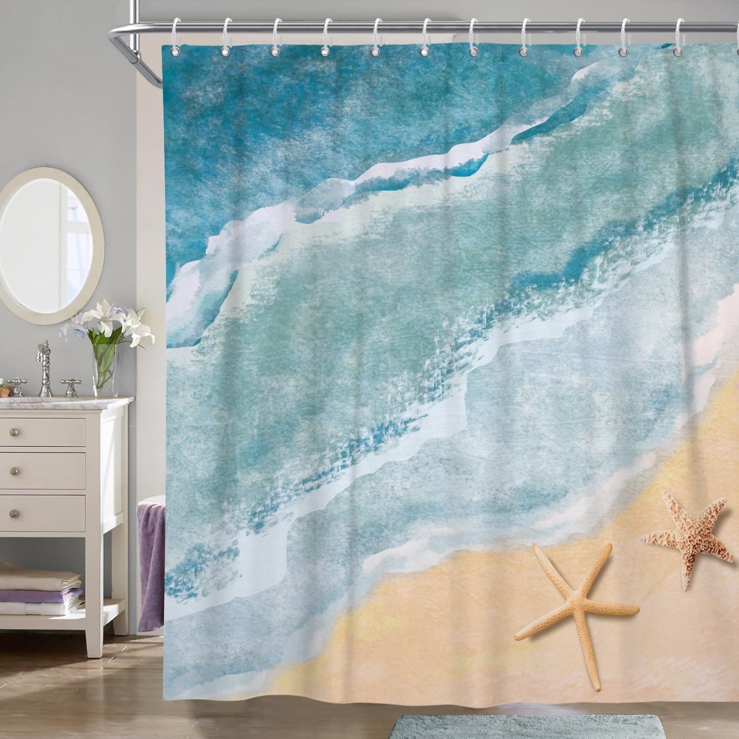 72"x72" Beach Theme Shower Curtain , Seashell Starfish Shower Curtains ...