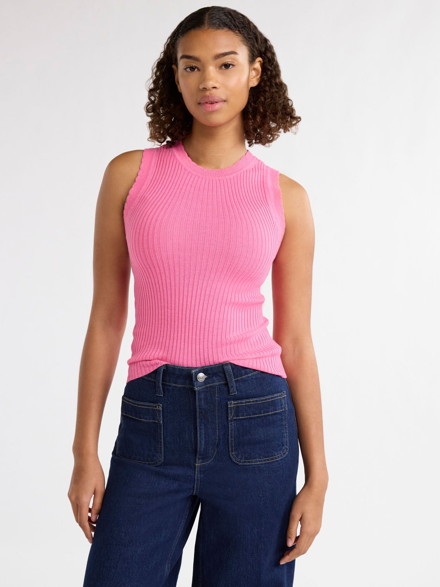 Free Assembly Women’s Scallop Trim Sleeveless Sweater, Lightweight ...