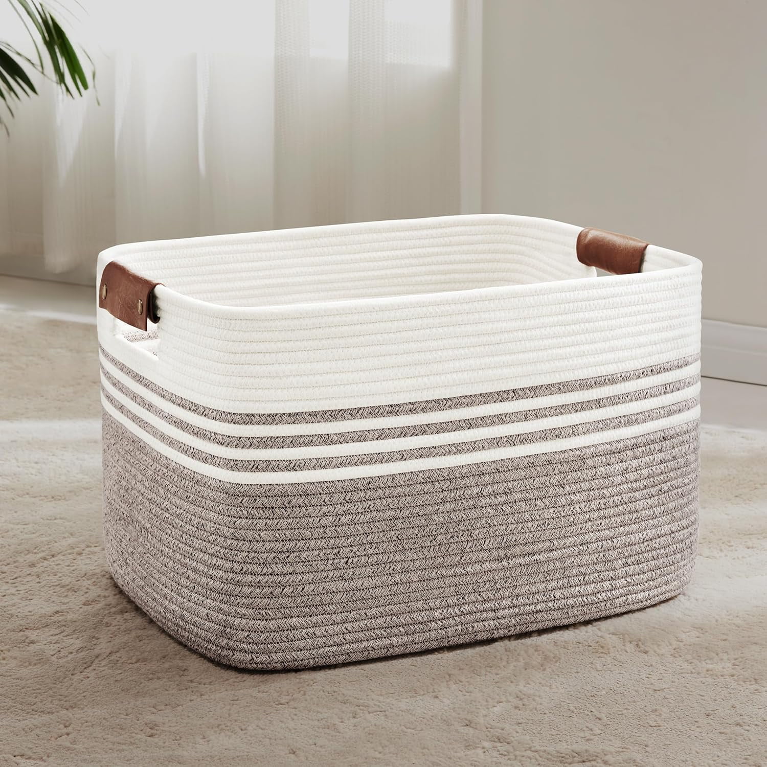 72L Large Laundry Basket with Leather Handles for Living Room Storage ...