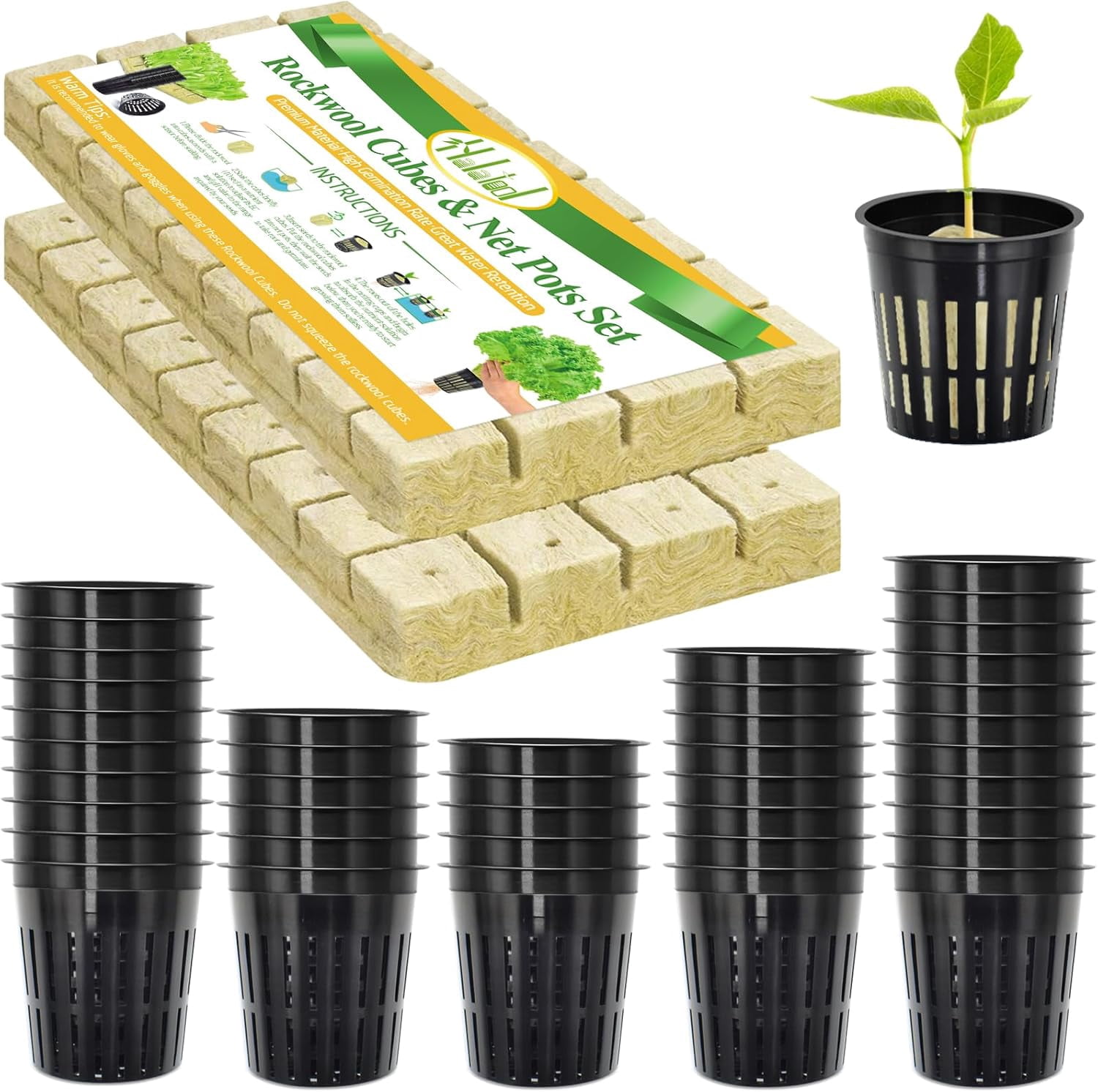 72PCS 1.2 Inch Rockwool Cubes with 56PCS 2 Inch Net Cups for ...