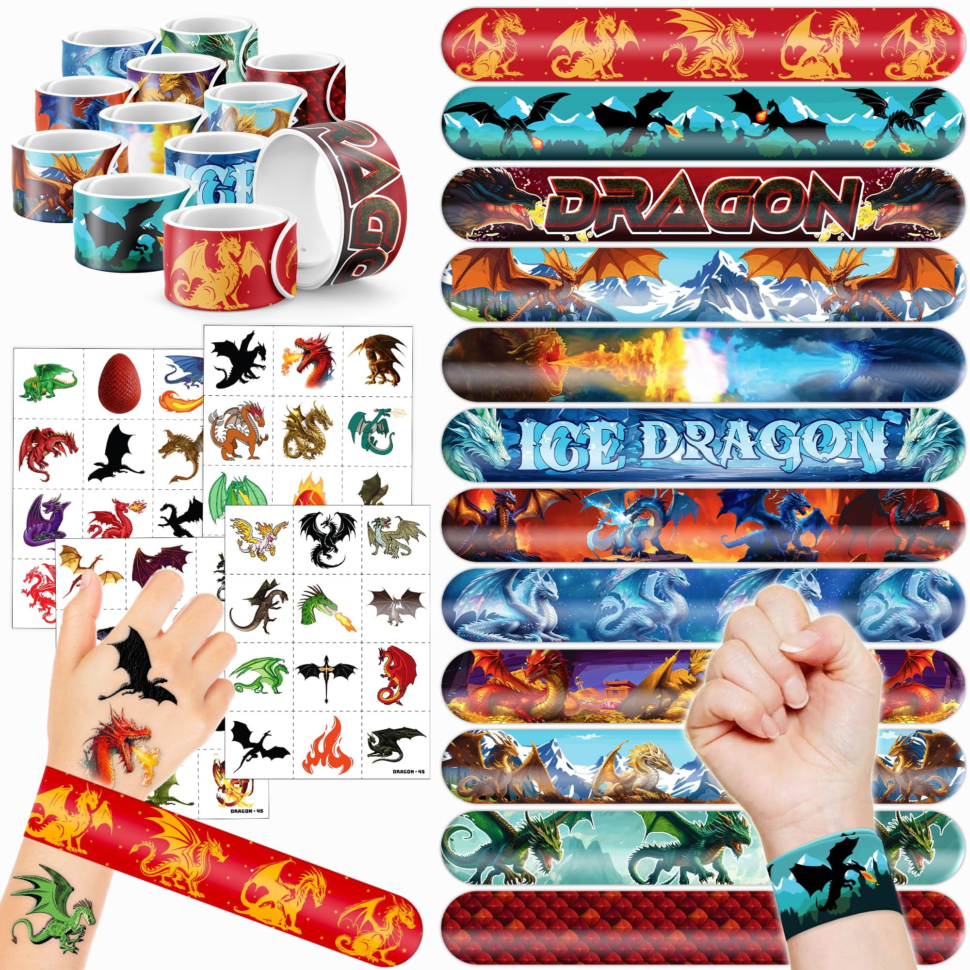 72PCS Dragon Party Set - 48PCS Temporary Pre - cut 24PCS Slap Bracelets ...