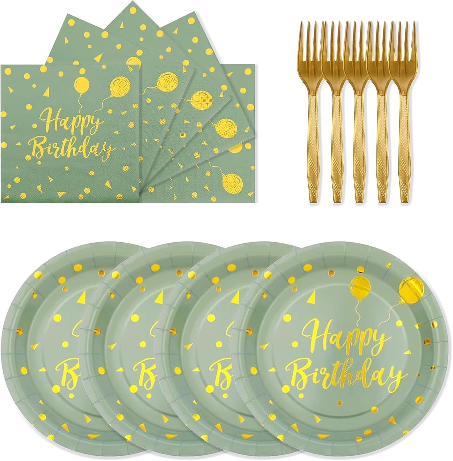 72PCS Happy Birthday Paper Plates - Sage Green and Gold Tableware Set ...