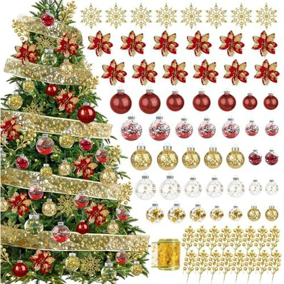 72PCS Red & Gold Christmas Tree Decorations Set Shatterproof Clear ...