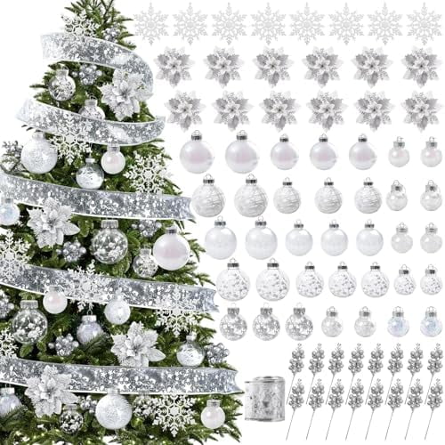 72PCS Silver & White Christmas Tree Decorations Set Shatterproof Clear ...