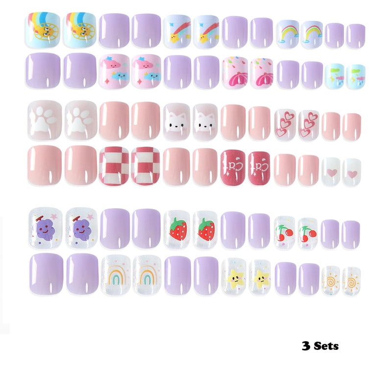 72Pcs 3 Pack Press on Nails for Kids Children Acrylic Fake Nails Pre ...