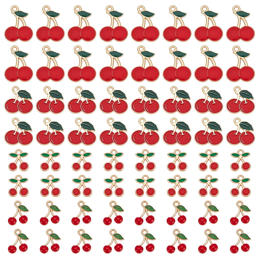 72Pcs 4 Styles Cherry Alloy Enamel Charms Light Gold Red 11.5~20x10 ...