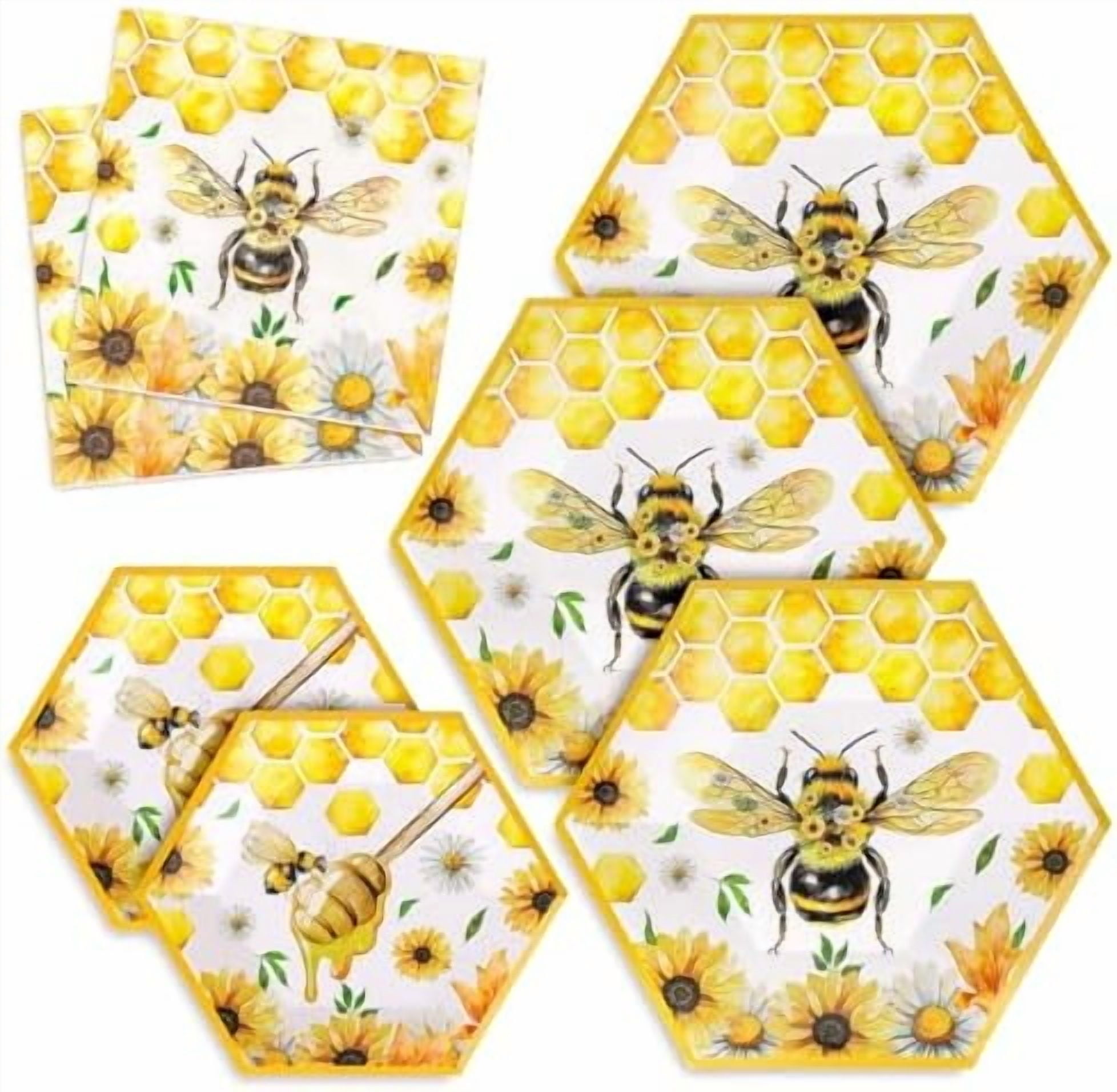 72Pcs Bee Tableware Set Watercolor Bumble Bee Honeycomb Sunflower Party ...