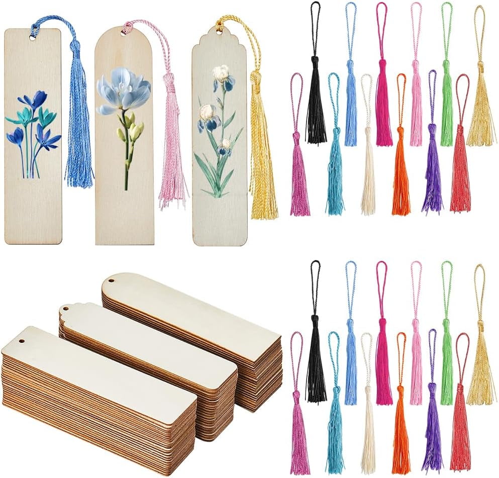 72Pcs Blank Wooden Bookmarks Unfinished Wood Bookmarks with Tassels ...