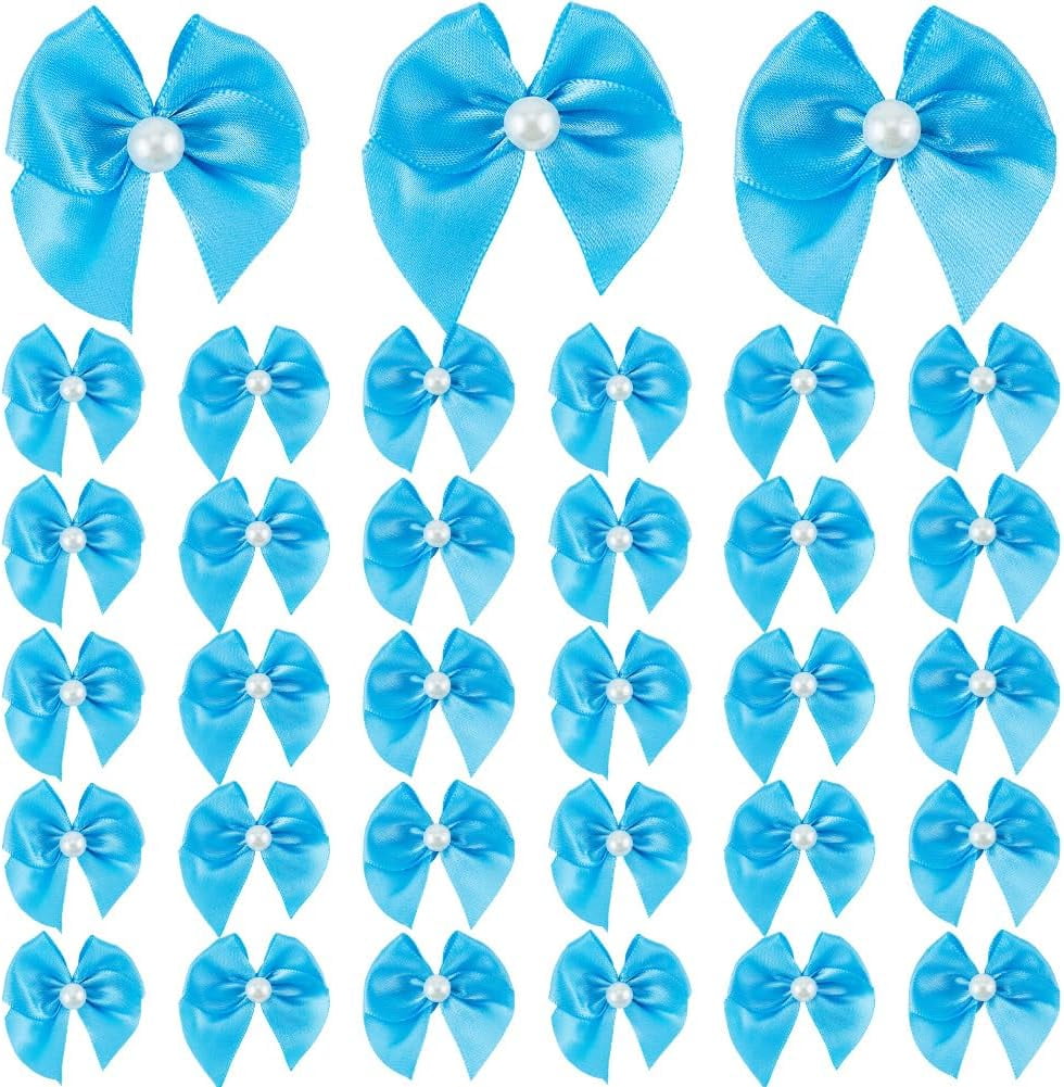 72Pcs Mini Ribbon Bows with Pearls Lake Blue Small Satin Ribbon Bows ...