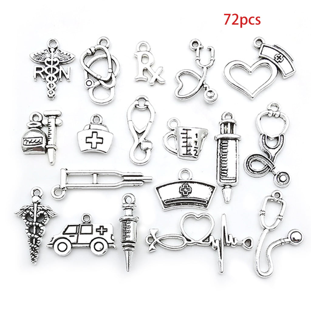 72Pcs Mixed Antique Silver Doctor Nurse Charms Stethoscope Syringe ...