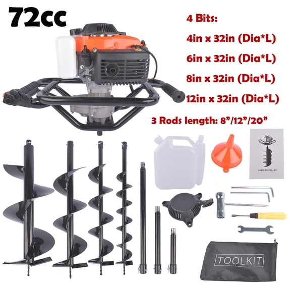 72cc Post Hole Digger Gas Powered Earth Digger with 4 Auger Drill Bits ...