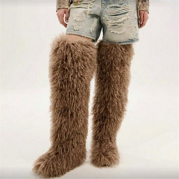 72cm Women's Winter Fluffy Faux Mongolian Fur Knee High Snow Boots Warm ...