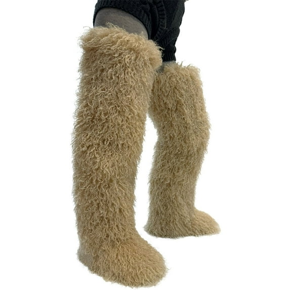 72cm Women's Winter Fluffy Faux Mongolian Fur Knee High Snow Boots Warm ...