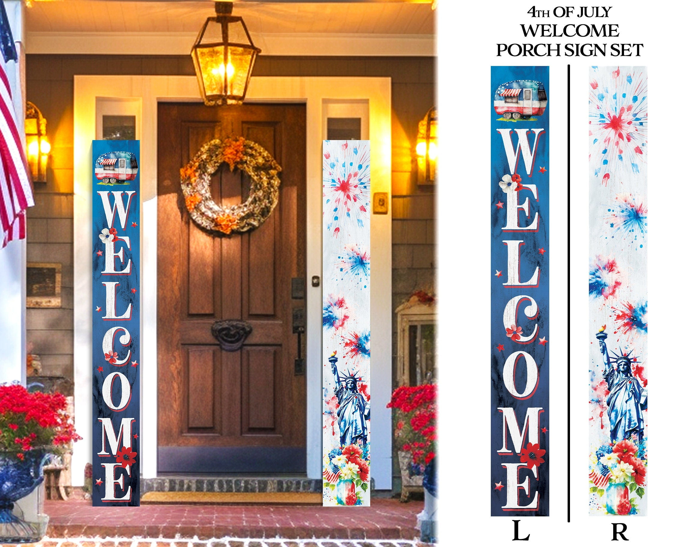 72in 4th of July Welcome Sign Set - Patriotic Wooden Porch Decor ...
