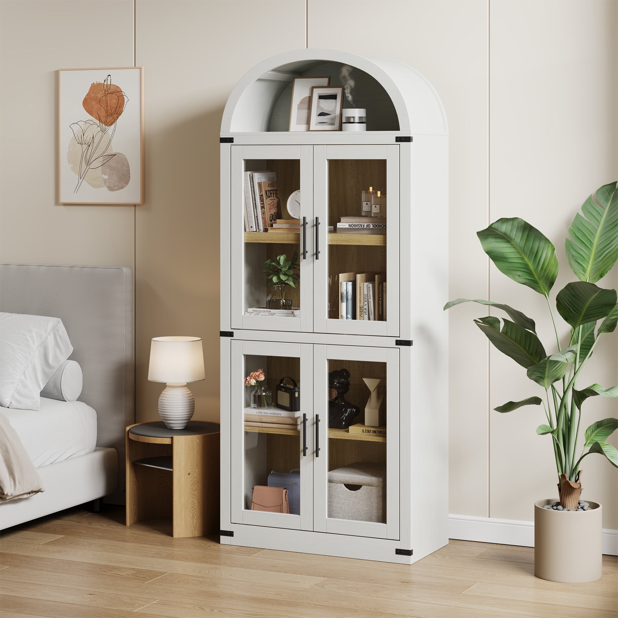 72in Tall Arched Bookshelf, Modern Farmhouse Bookcase with Glass Doors ...