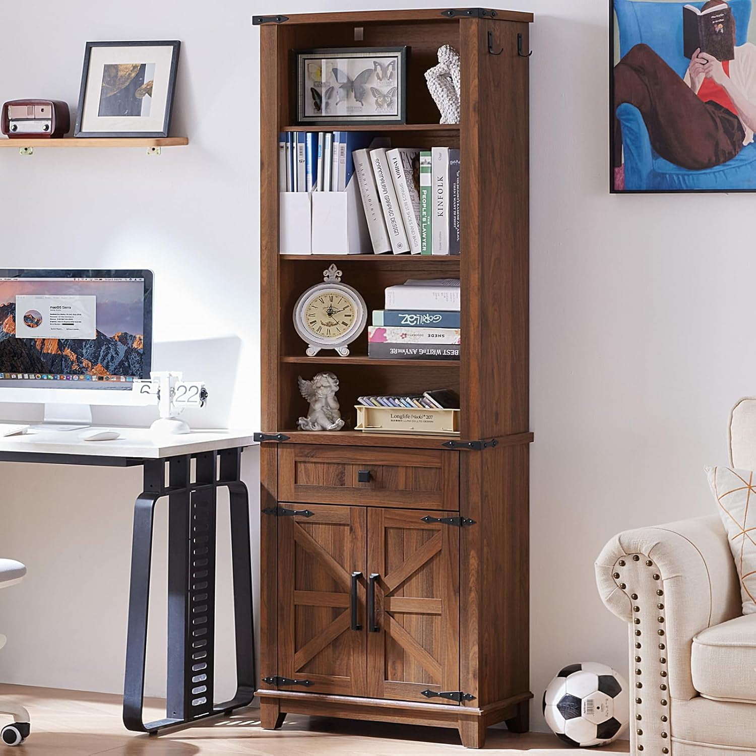 72in Tall Bookshelf 7 Tier Bookcase with Drawer and Barn Doors and ...