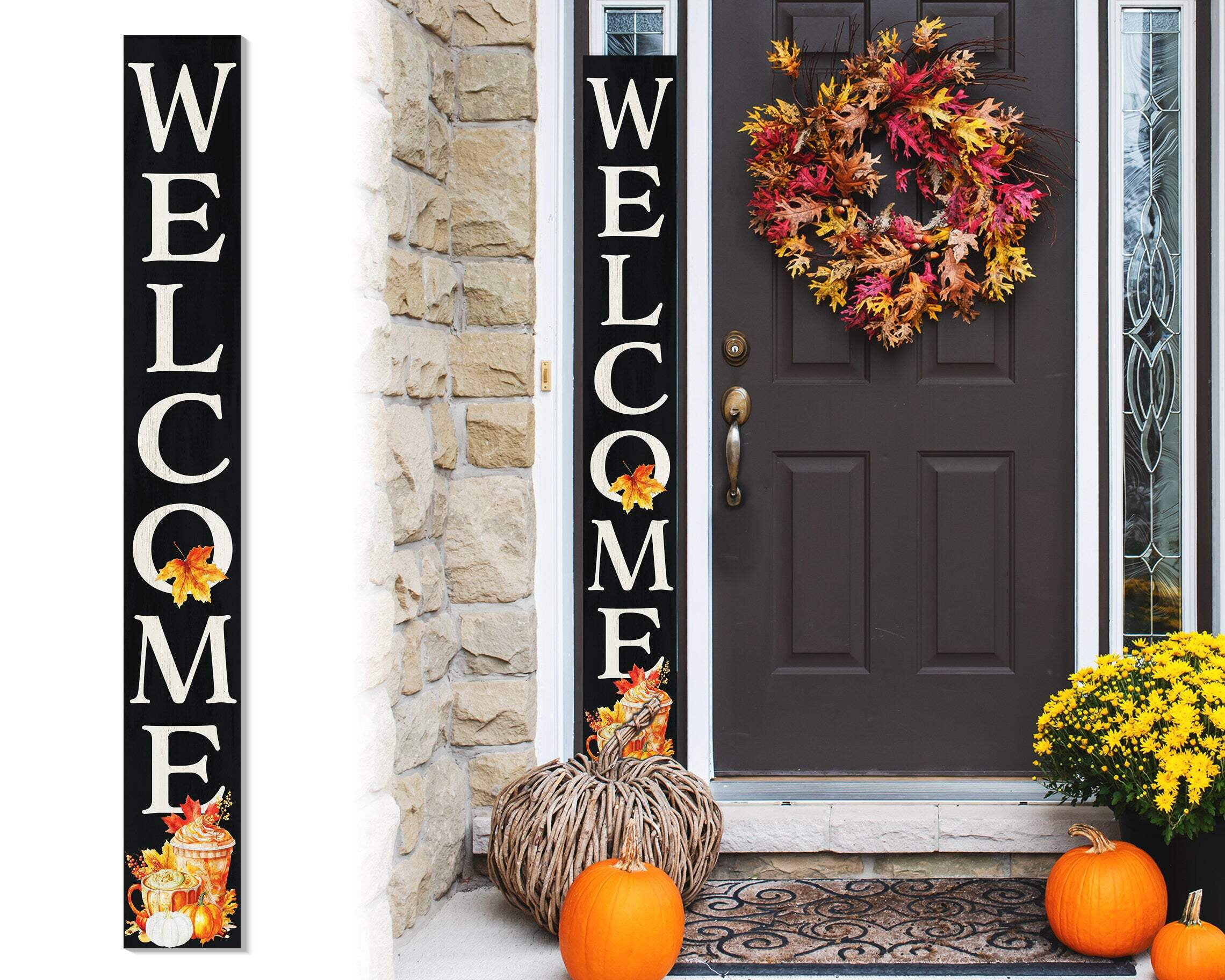 72in "Welcome" Fall Porch Sign with Fall Drink Design - Tall Porch ...