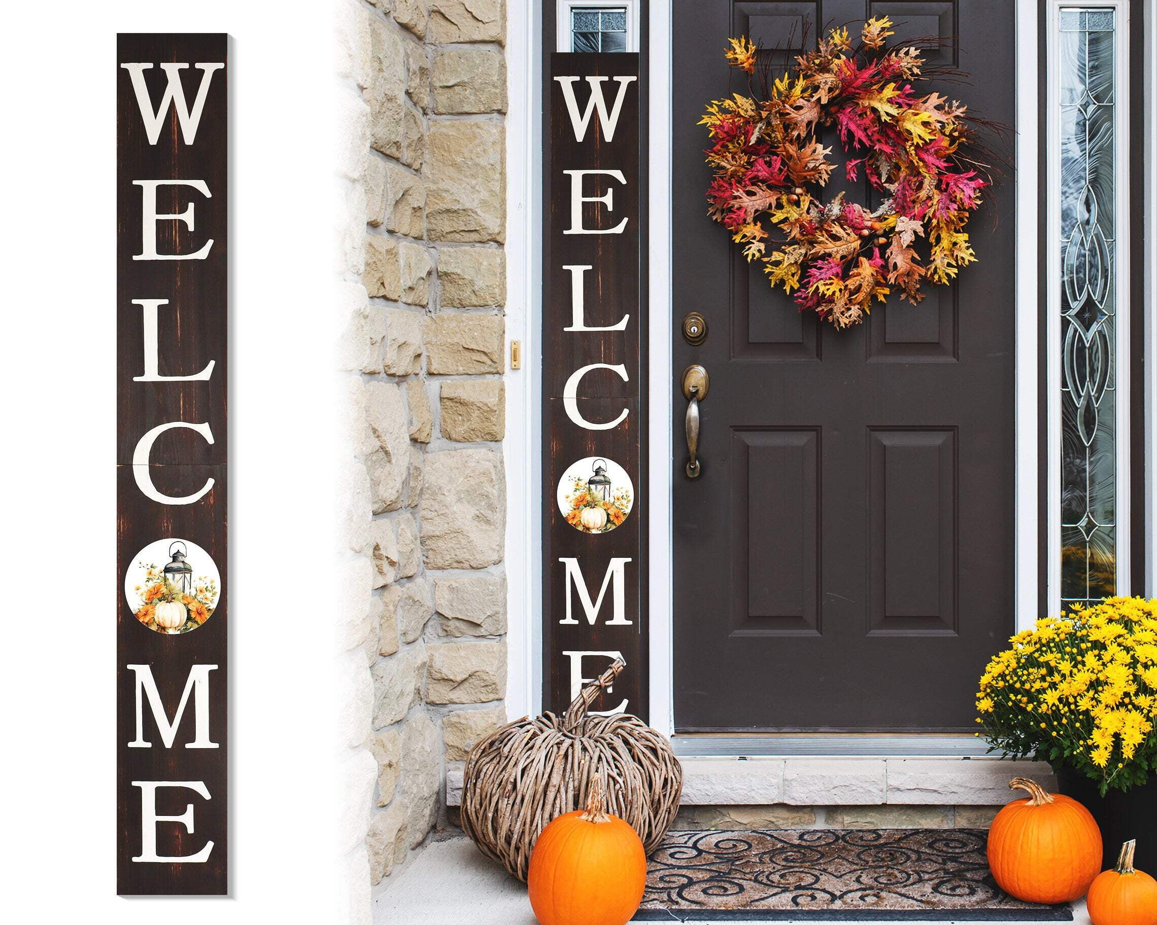 72in "Welcome" Fall Porch Sign with Lantern Design - Brown Porch Board ...