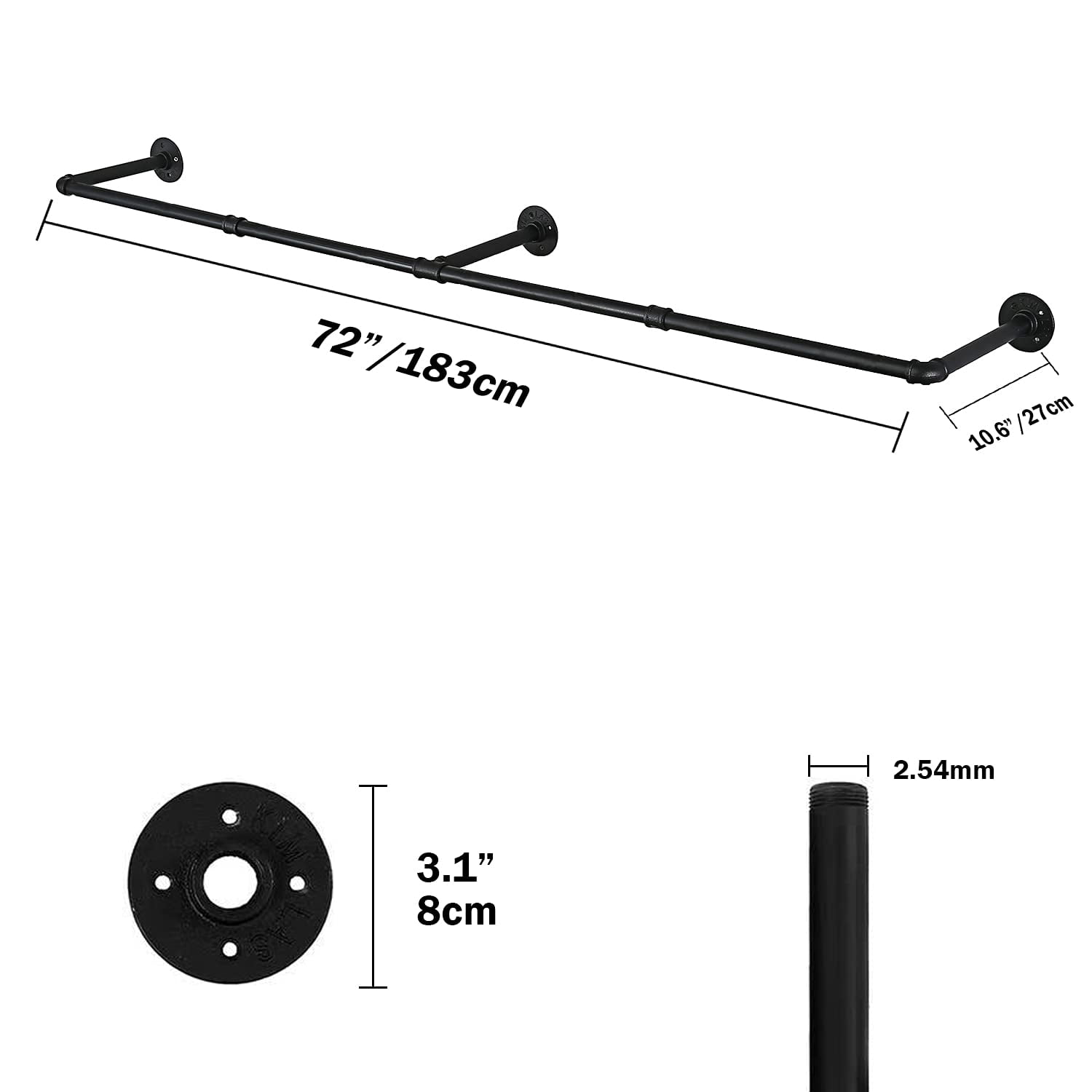 72inch Industrial Pipe Clothes Rack Wall Mount For Hanging Rod Bar ...