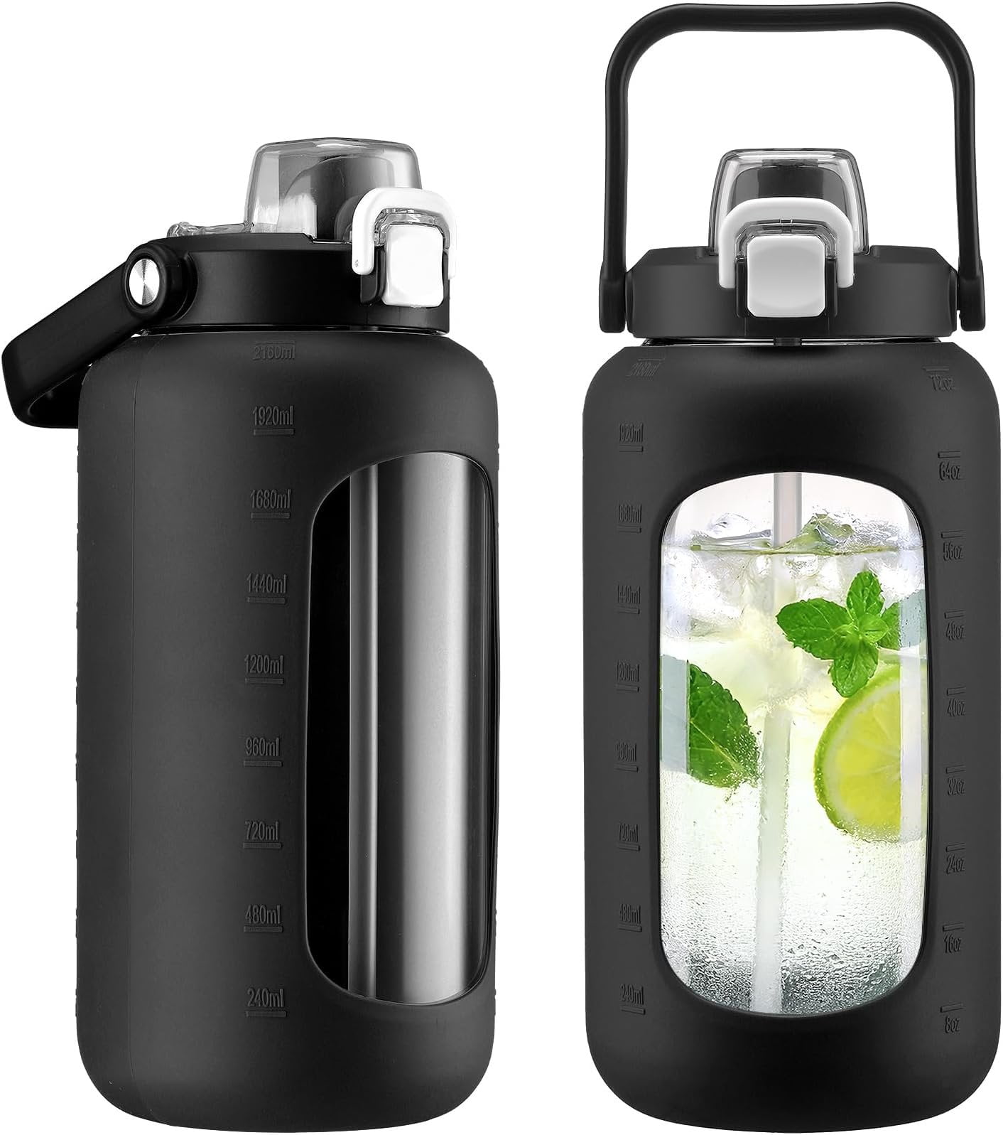 72oz Glass Water Bottle with 2-IN-1 Straw &Chug Lid, Large Motivational ...