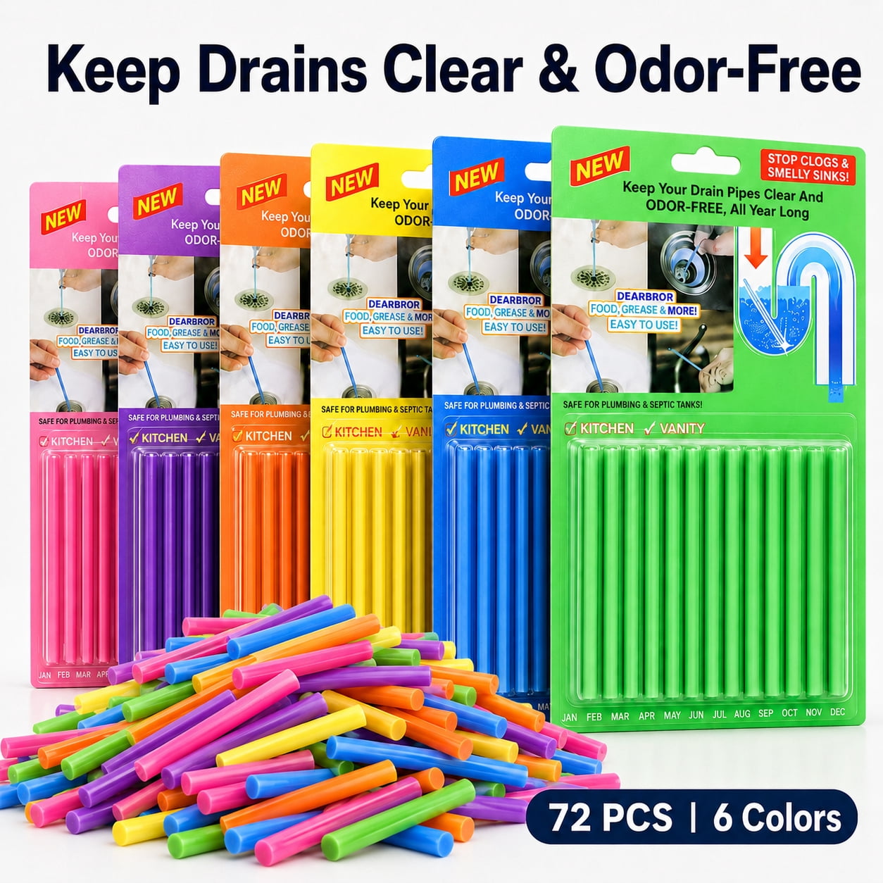 72pcs Drain Sticks Drain Cleaner Sticks Drain Sink Deodorizer Sticks ...