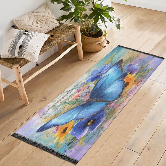 72x23.5 Runner Rug Non Slip Washable Blue Butterfly and Musical Sheets ...