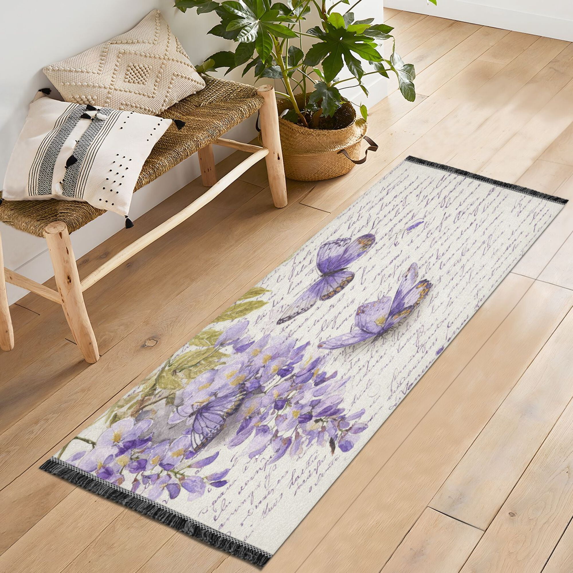 72x23.5 Runner Rug Non Slip Washable Butterflies and Wisteria Flowers ...