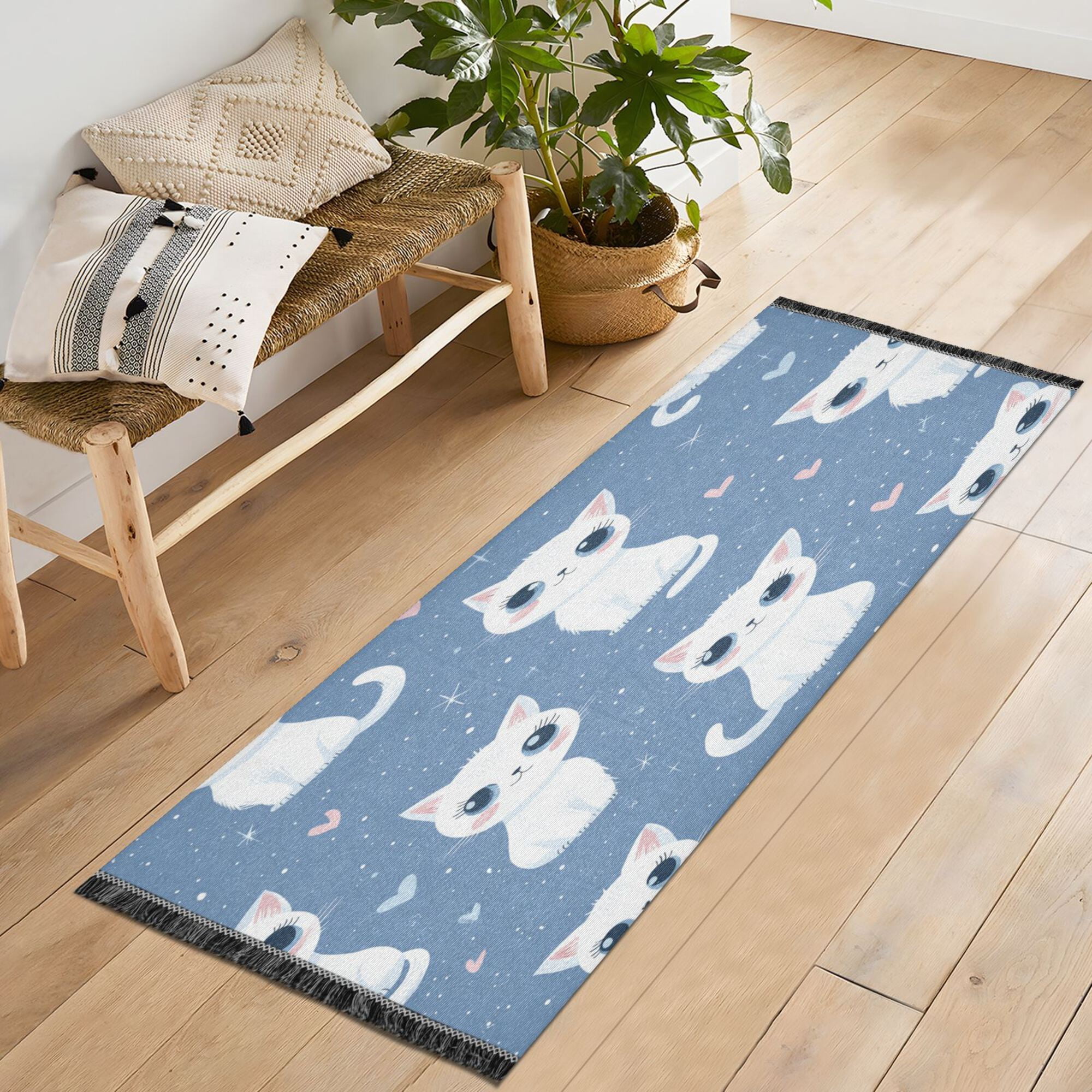 72x23.5 Runner Rug Non Slip Washable Cute White Cat Seamless Pattern ...