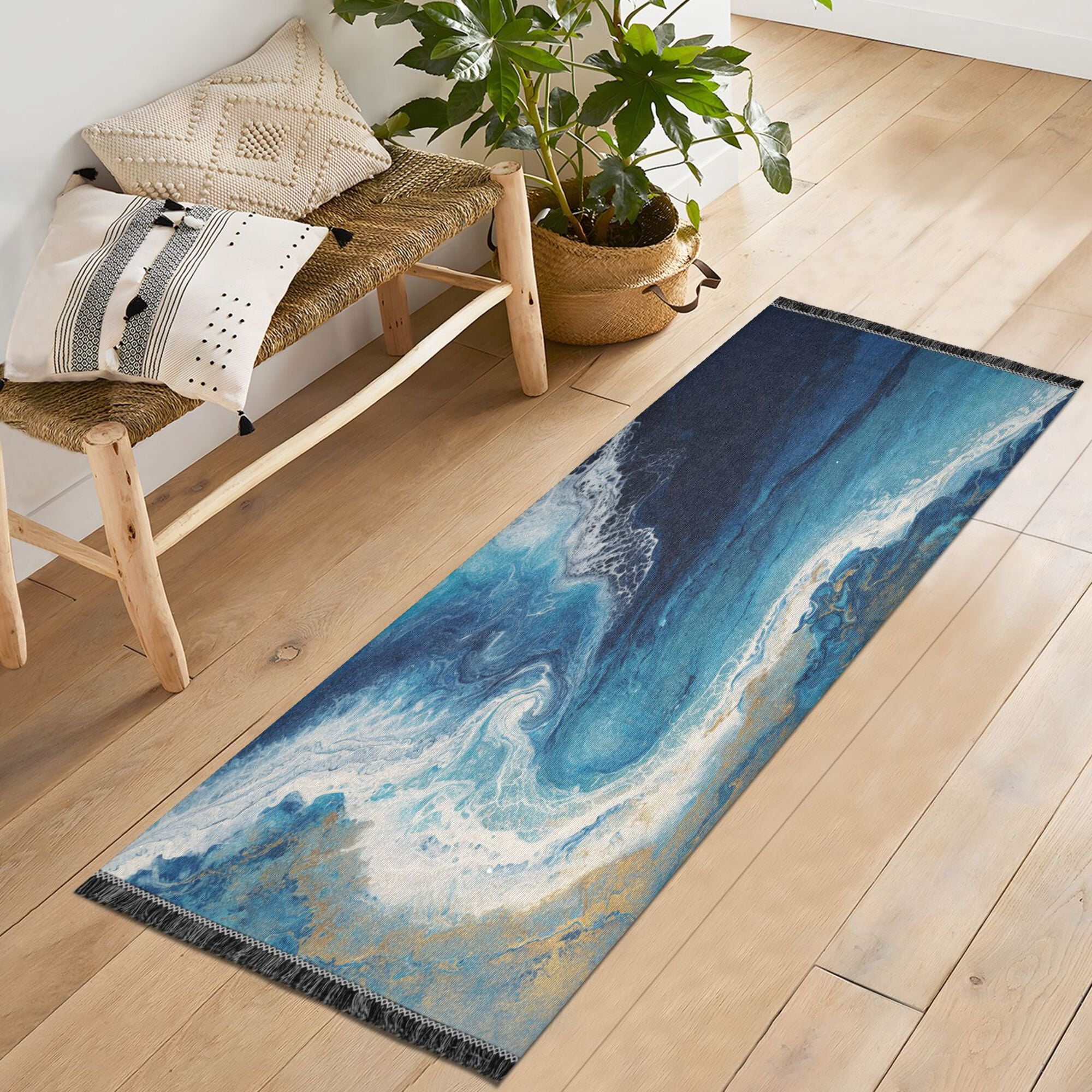 72x23.5 Runner Rug Non Slip Washable Deep Blue Gilded Surf Soft Short ...