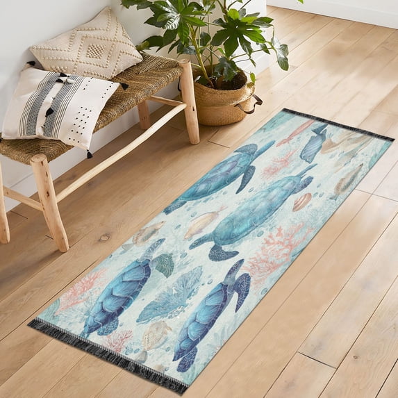 72x23.5 Runner Rug Non Slip Washable Deep Green Sea Turtles Soft Short ...