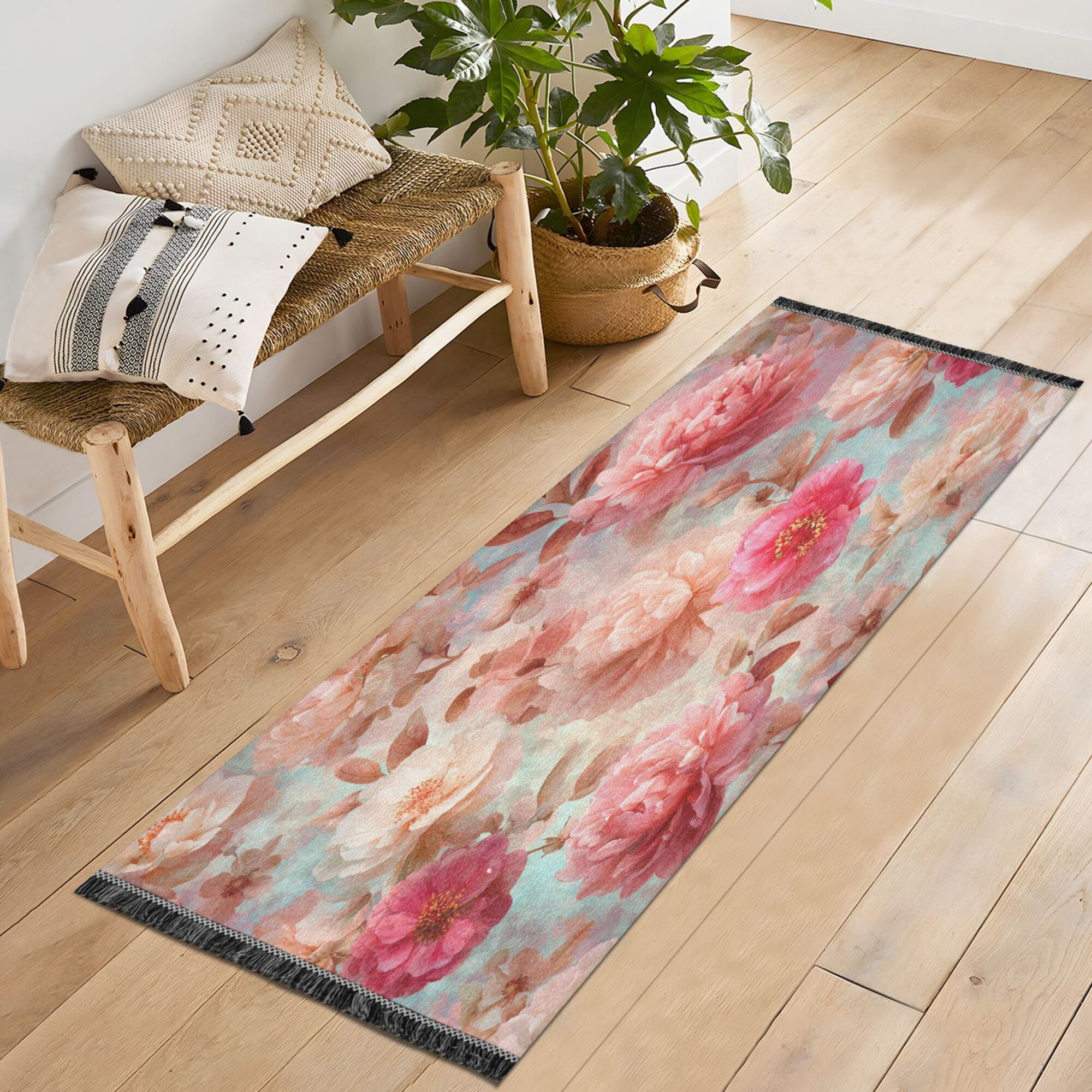 72x23.5 Runner Rug Non Slip Washable Digital Watercolor Peonies and ...