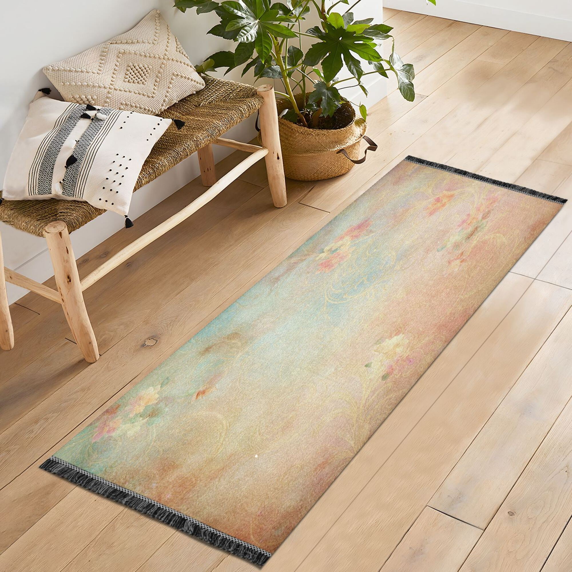 72x23.5 Runner Rug Non Slip Washable Golden Filigree Blooms Soft Short ...