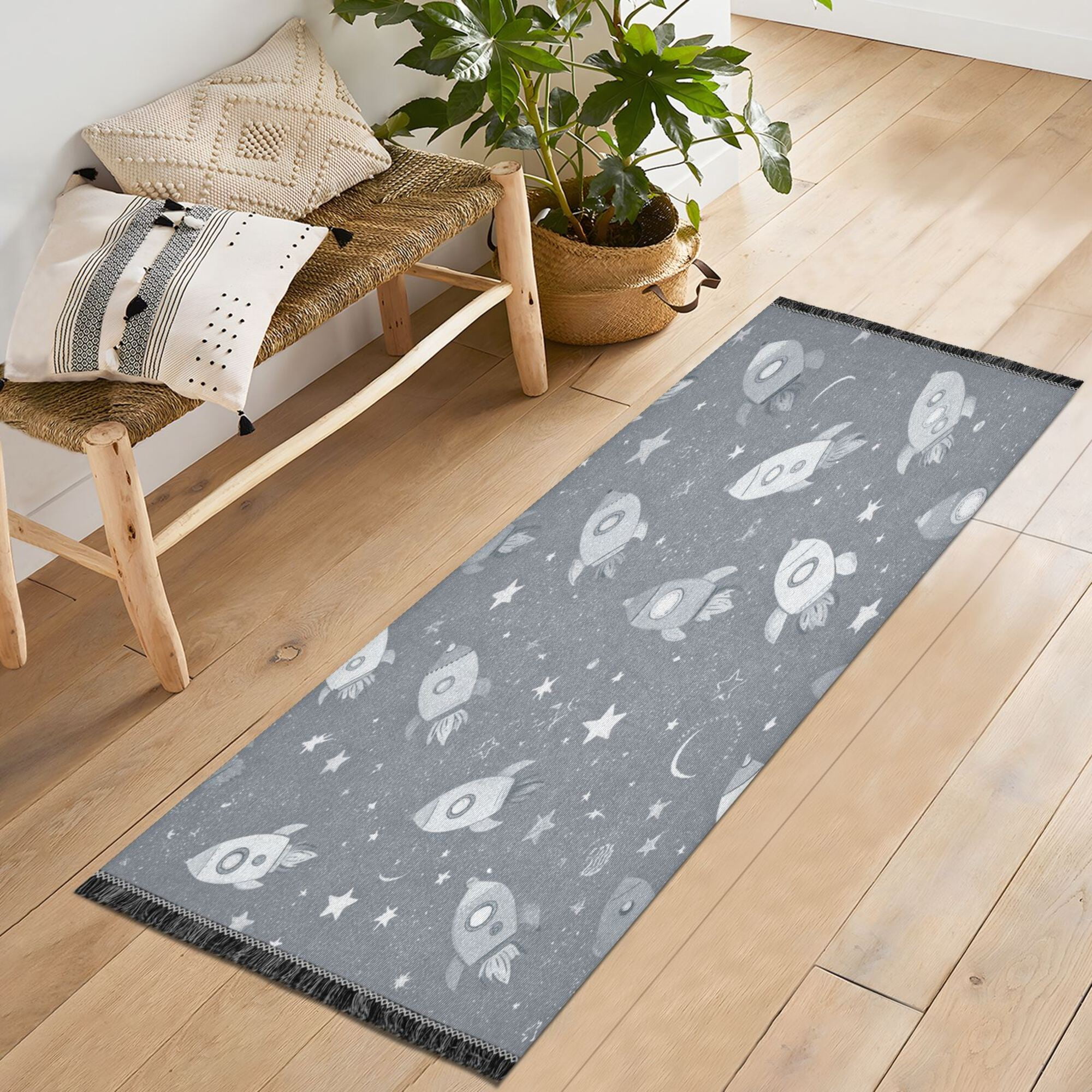 72x23.5 Runner Rug Non Slip Washable Grey Space Rocket Print Soft Short ...