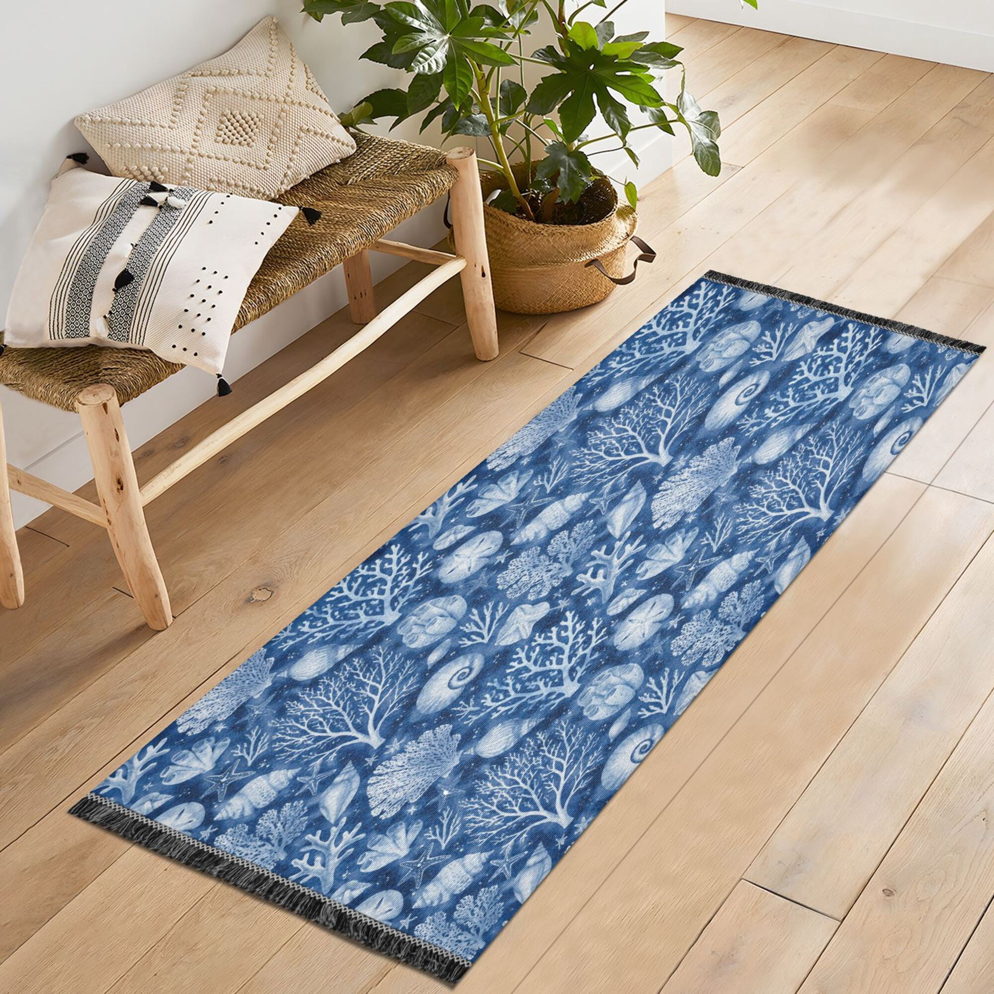 72x23.5 Runner Rug Non Slip Washable Indigo Sea Life Pattern Soft Short ...