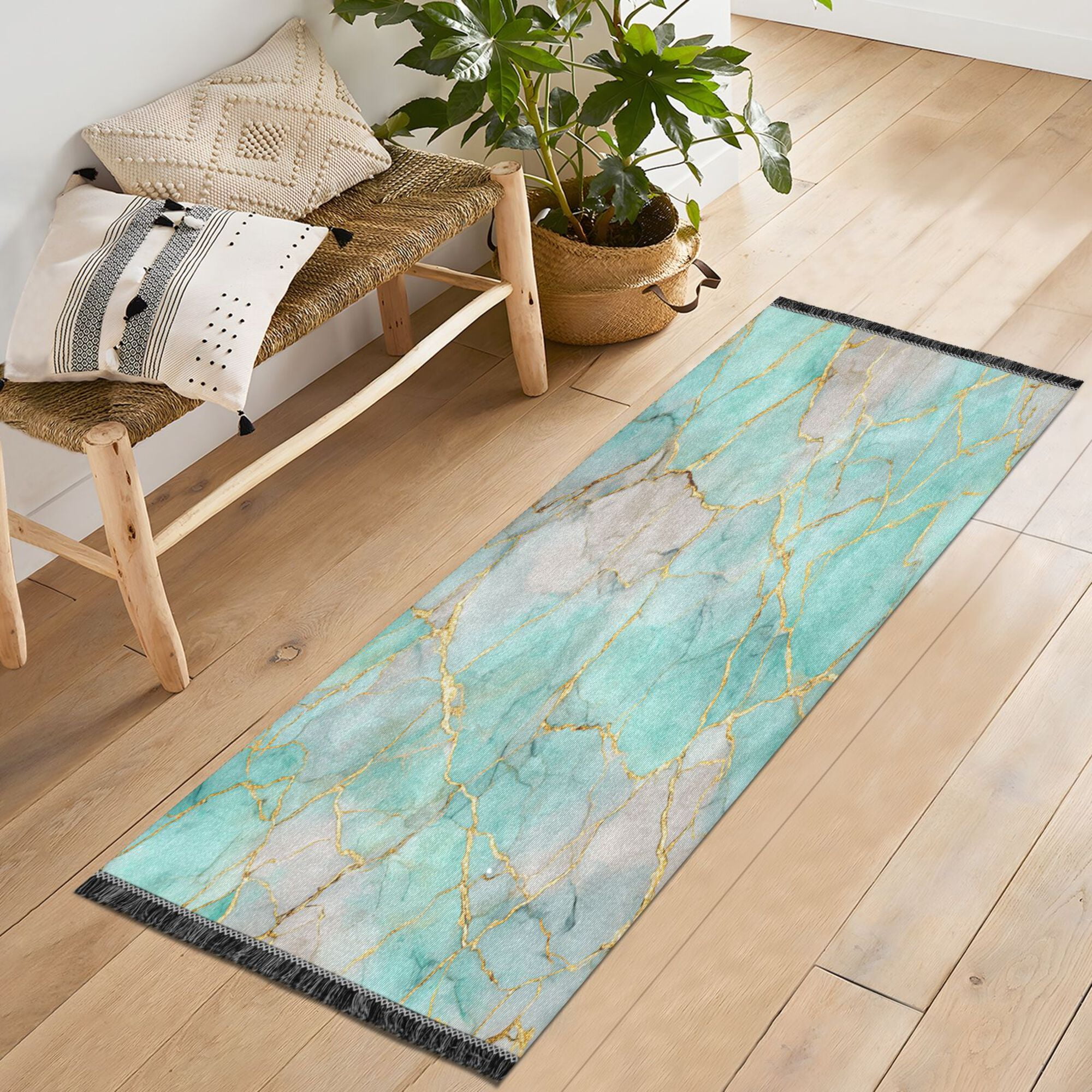 72x23.5 Runner Rug Non Slip Washable Light Green Gold Marble Pattern ...