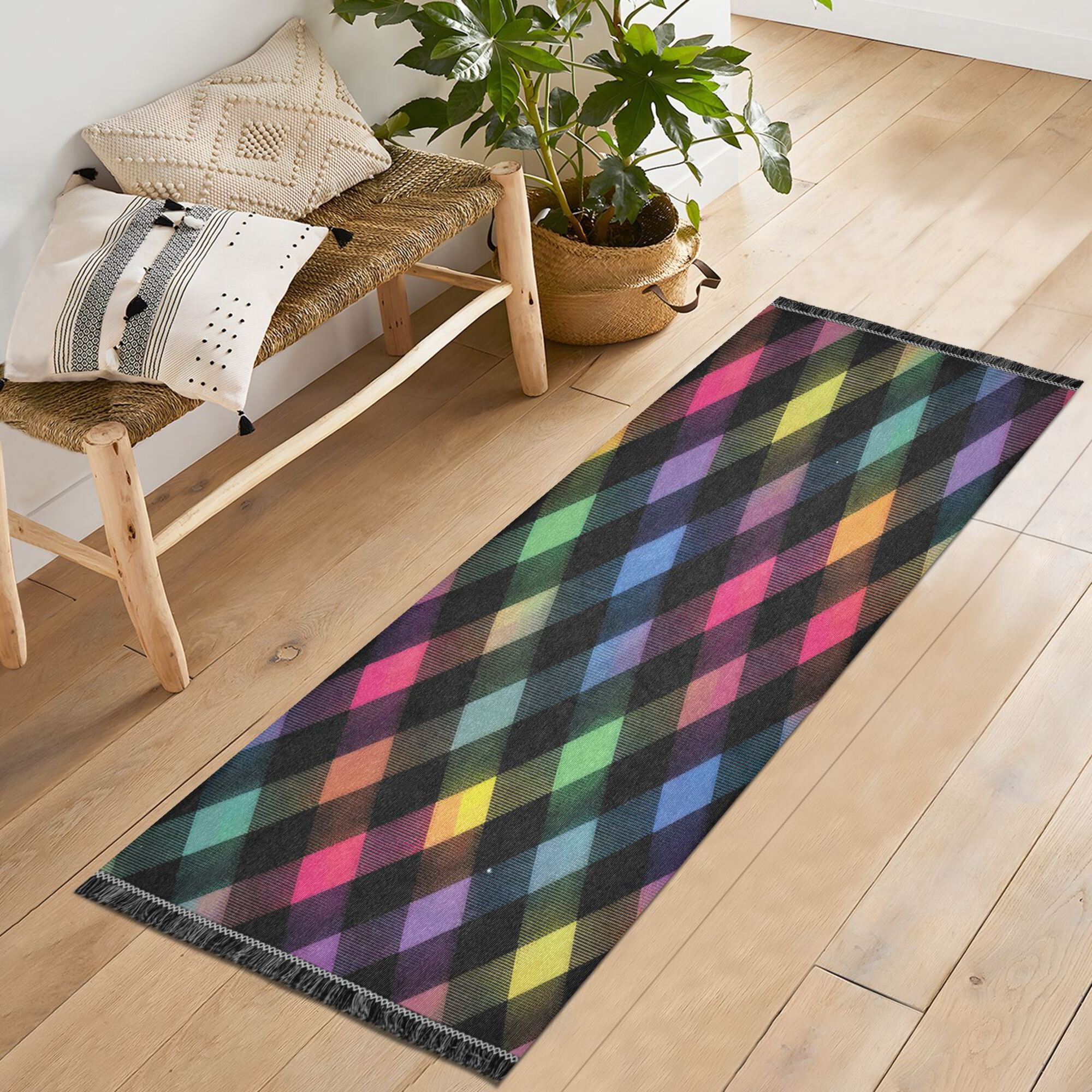 72x23.5 Runner Rug Non Slip Washable Neon Rainbow Checkered Pattern ...