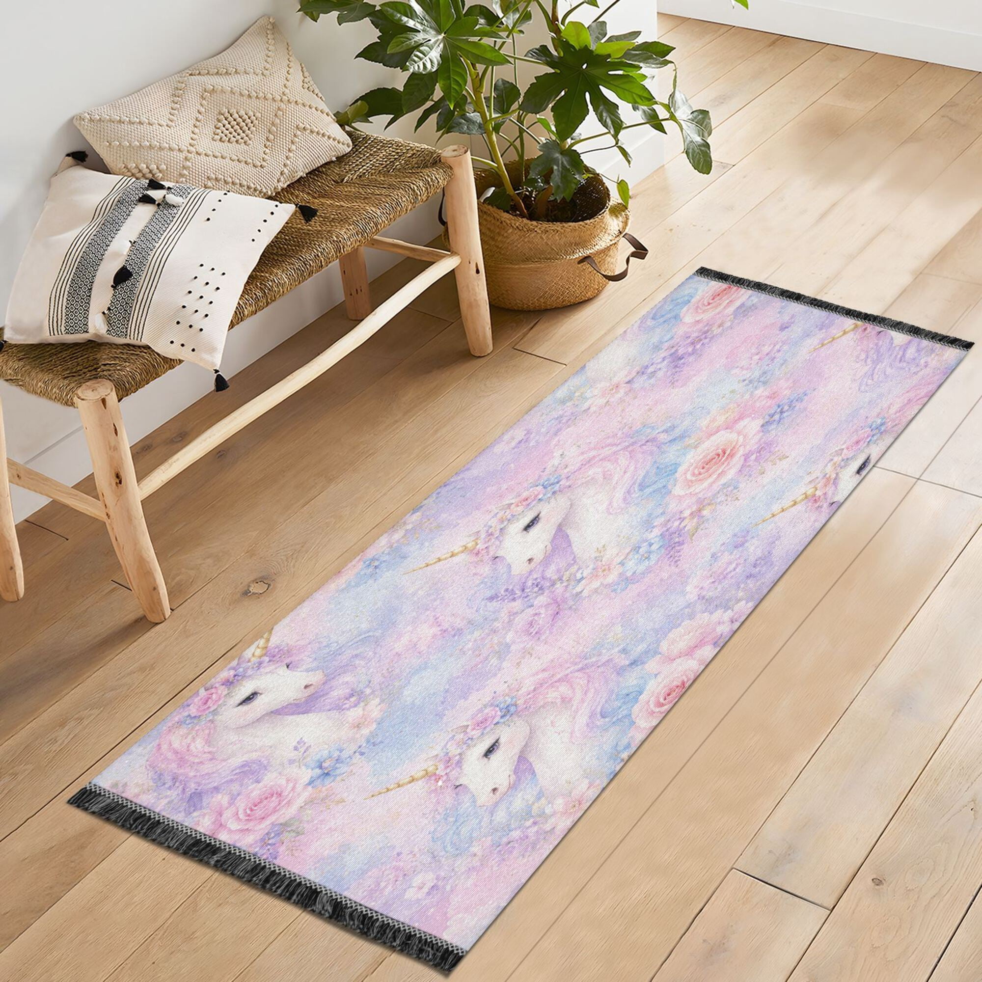 72x23.5 Runner Rug Non Slip Washable Pastel Unicorn Roses Design Soft ...