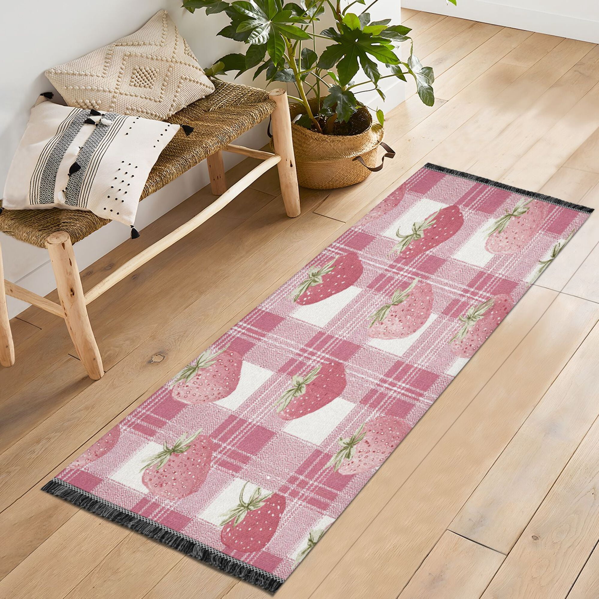 72x23.5 Runner Rug Non Slip Washable Pink Strawberry Plaid Print Soft ...