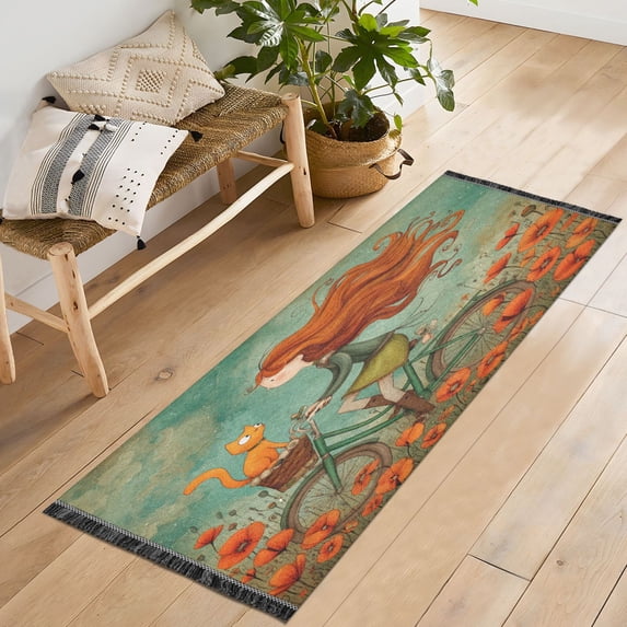 72x23.5 Runner Rug Non Slip Washable Red-haired Girl and Orange Cat ...