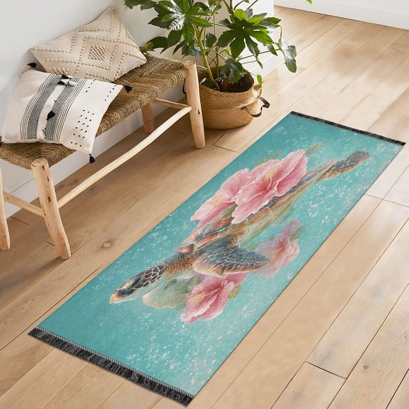 72x23.5 Runner Rug Non Slip Washable Turtle with Pink Hibiscus Flowers ...